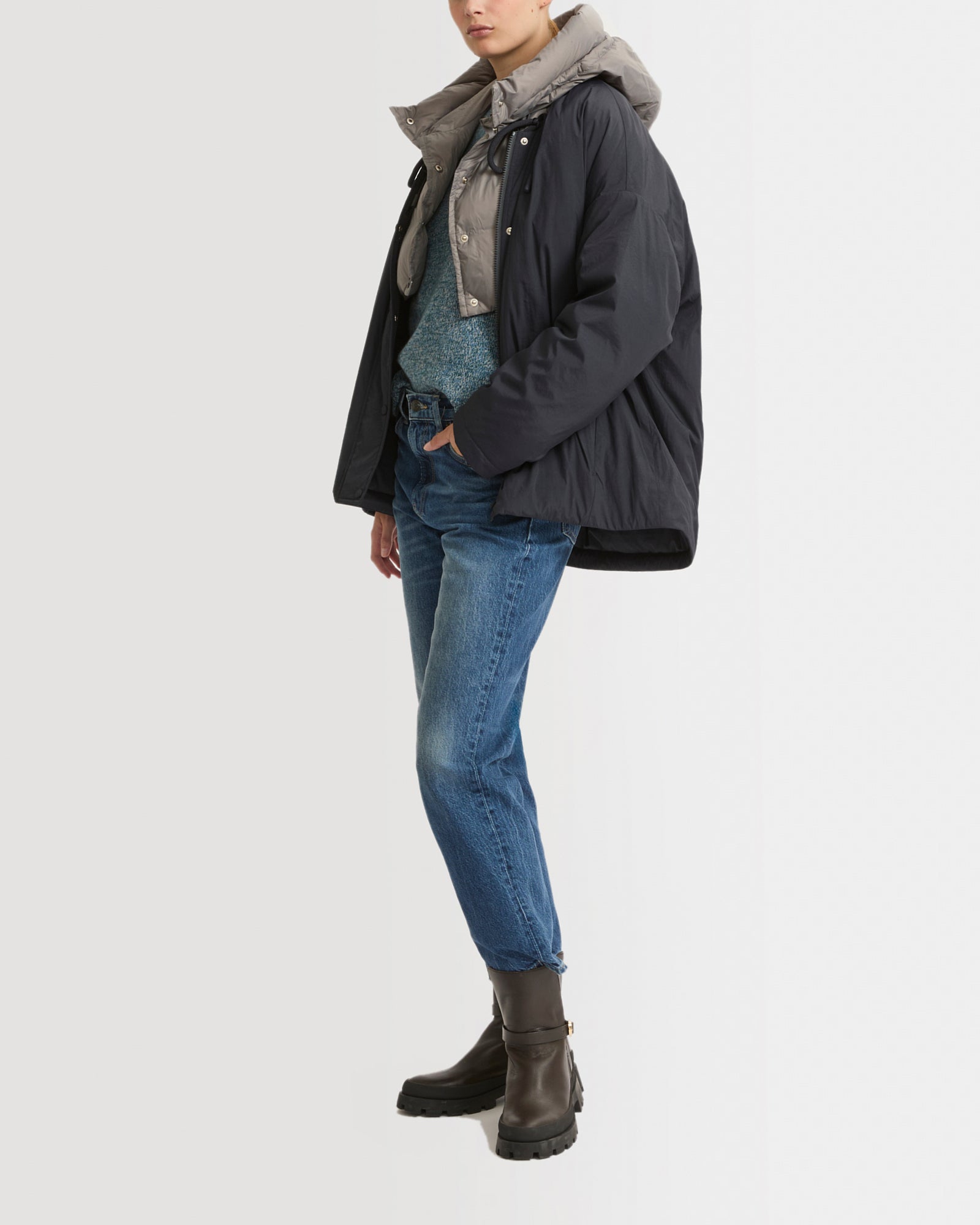 Short down jacket with drawstring neck - navy - Winter sale – Yves ...